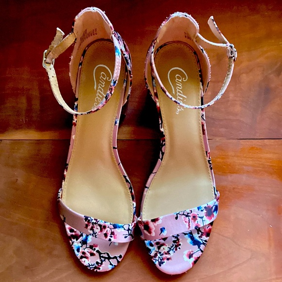 Candie's | Shoes | Candies Pink Silk Satin Floral Block Heels | Poshmark